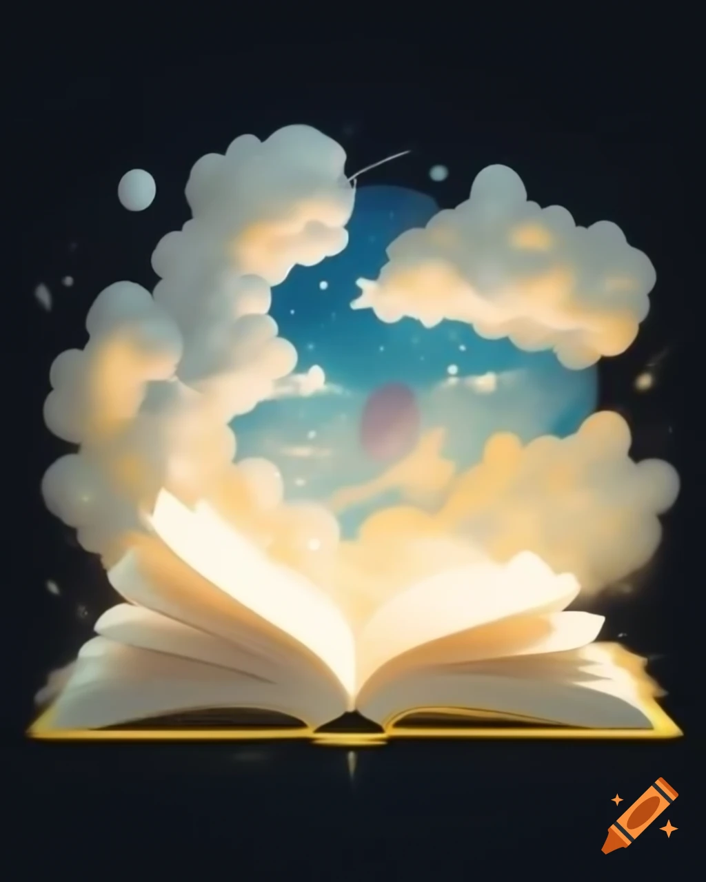 Bright book cover with clouds, stars, and moon in vibrant white and ...
