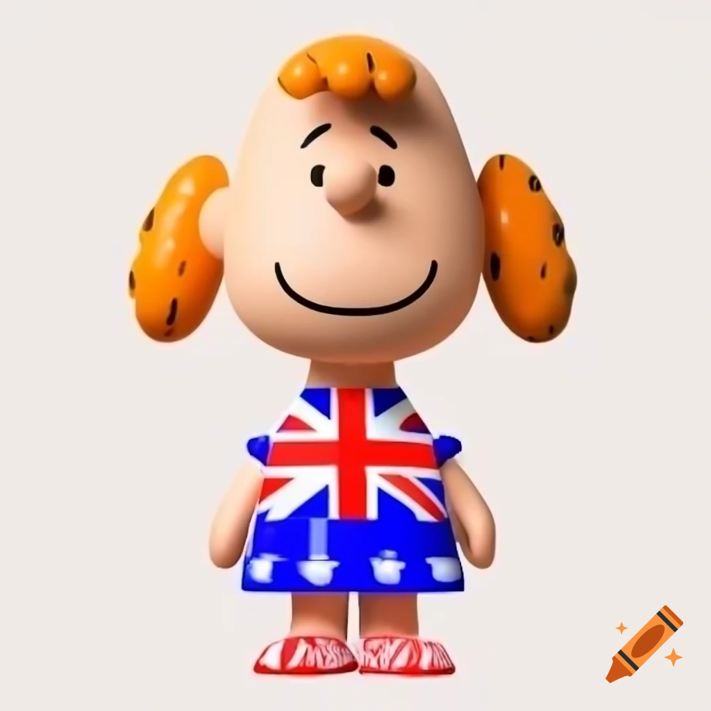 3D cartoon character of peanuts in Union Jack dress against white ...