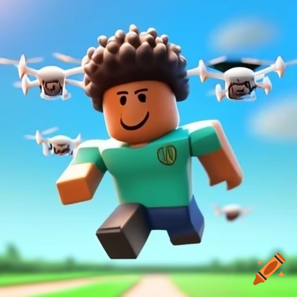 Roblox character of African American boy running with drone on Craiyon
