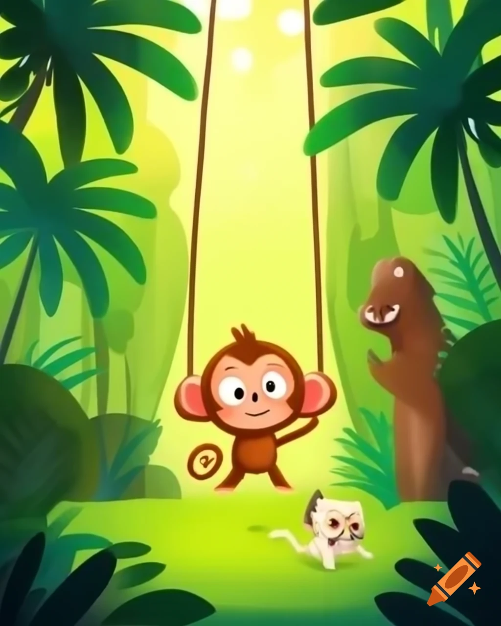 Cartoon monkey swinging in jungle with happy dog beside on Craiyon