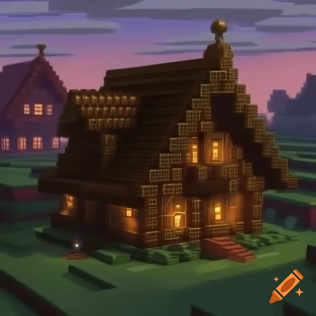 Cozy Minecraft cottage glowing warmly in peaceful village on Craiyon
