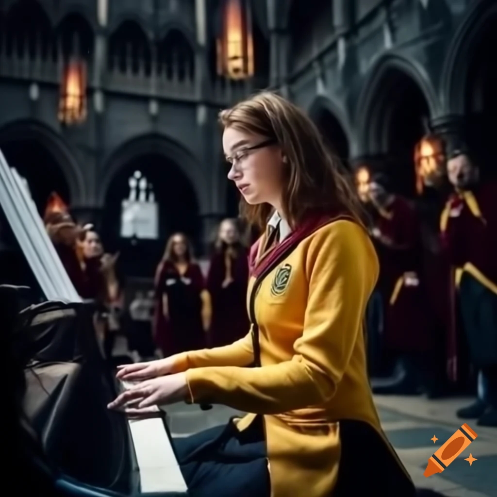 Woman in hufflepuff uniform playing piano at hogwarts christmas in ...