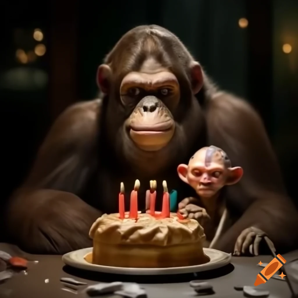 Bigfoot and Gollum celebrating with a birthday cake on Craiyon