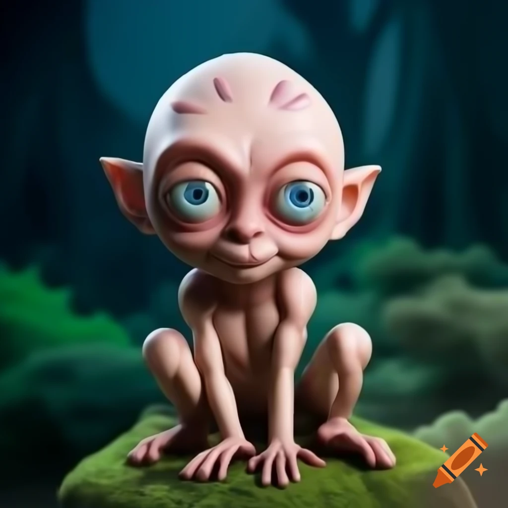 Whimsical Gollum in pastel style sitting on mossy rock in mystical ...