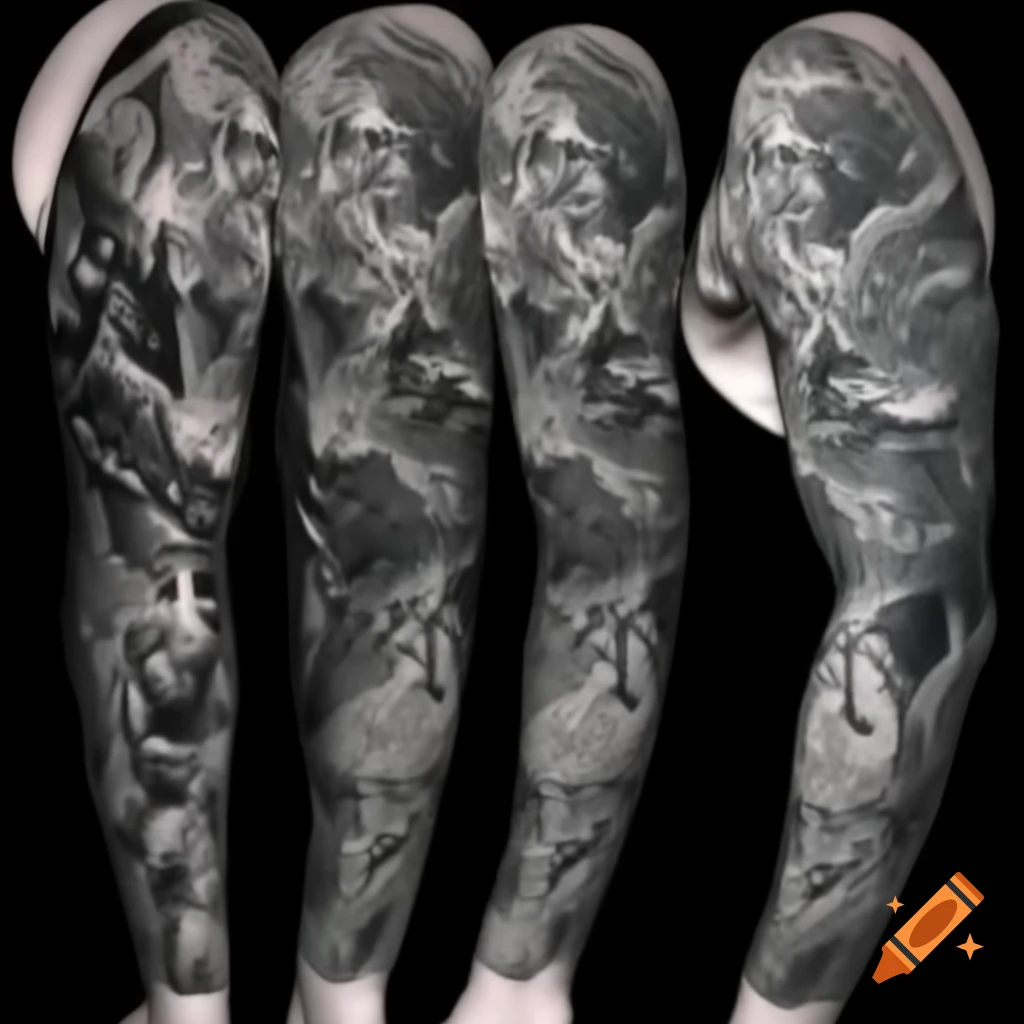 Grayscale full-sleeve tattoo depicting clash between angelic and ...