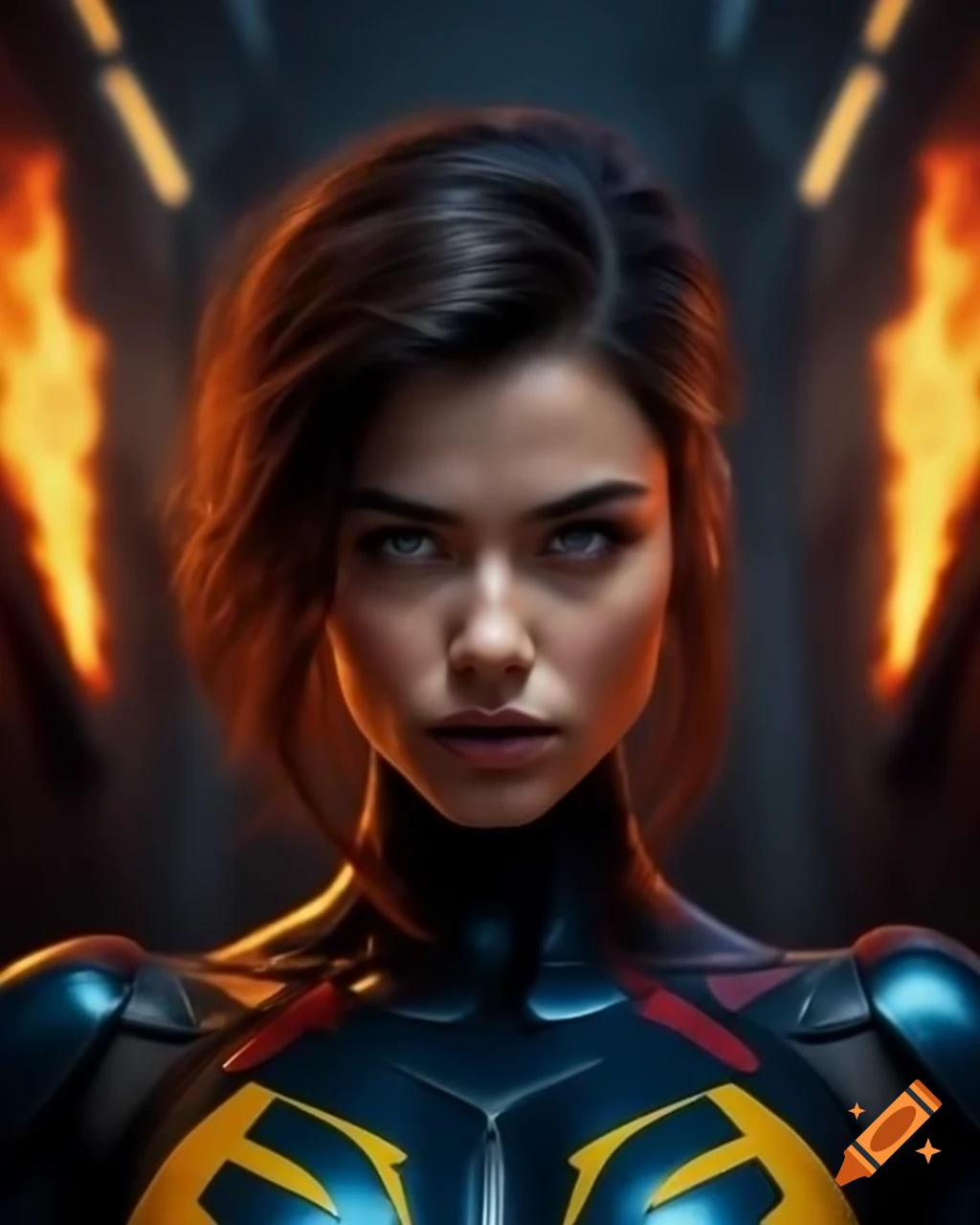 Photorealistic portrait of powerful female superhero with hands ...