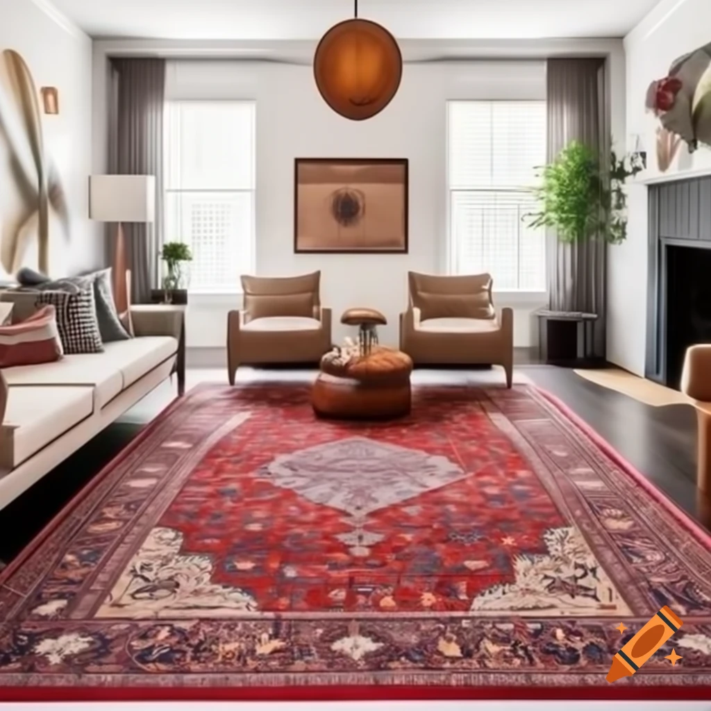 Cozy living room interior with persian rug, stylish decor, and warm ...