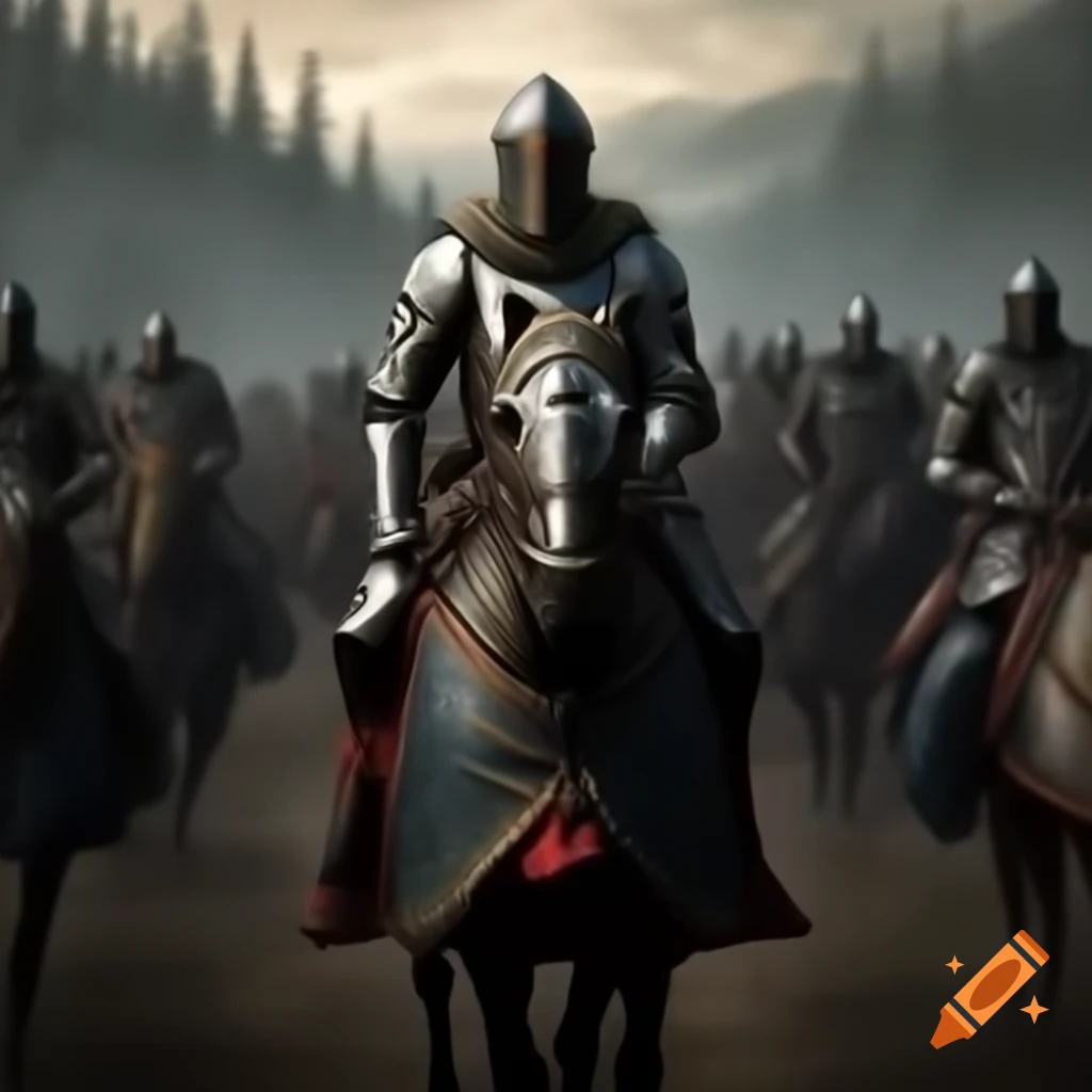 Knight in armor on horseback surrounded by knights in forest landscape ...