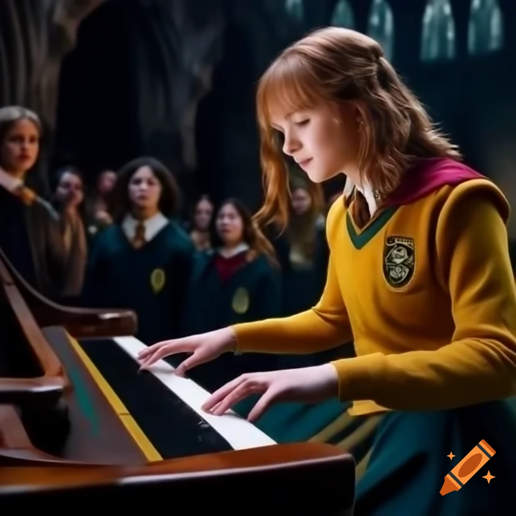 Woman in hufflepuff uniform playing piano at hogwarts great hall during ...
