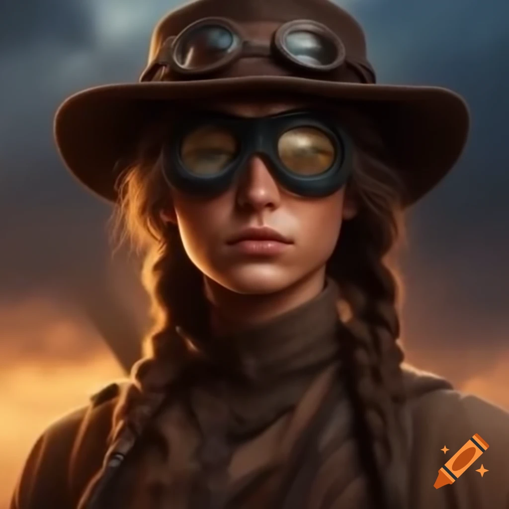 Dusty female Victorian explorer wearing goggles and wide brimmed hat on ...