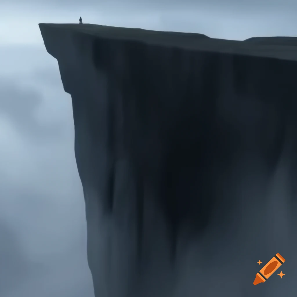 Cel-shaded large black cliff with foggy white sky on Craiyon