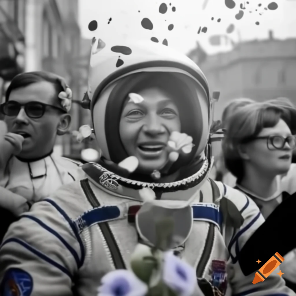 Soviet propaganda poster celebrating cosmonauts with flowers and ...