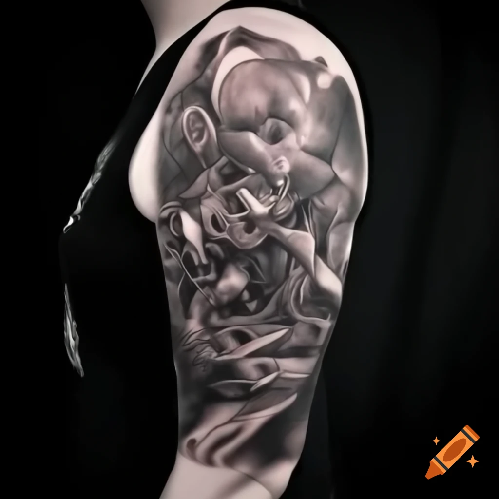 Intricate grayscale tattoo of battle between heaven and hell on Craiyon