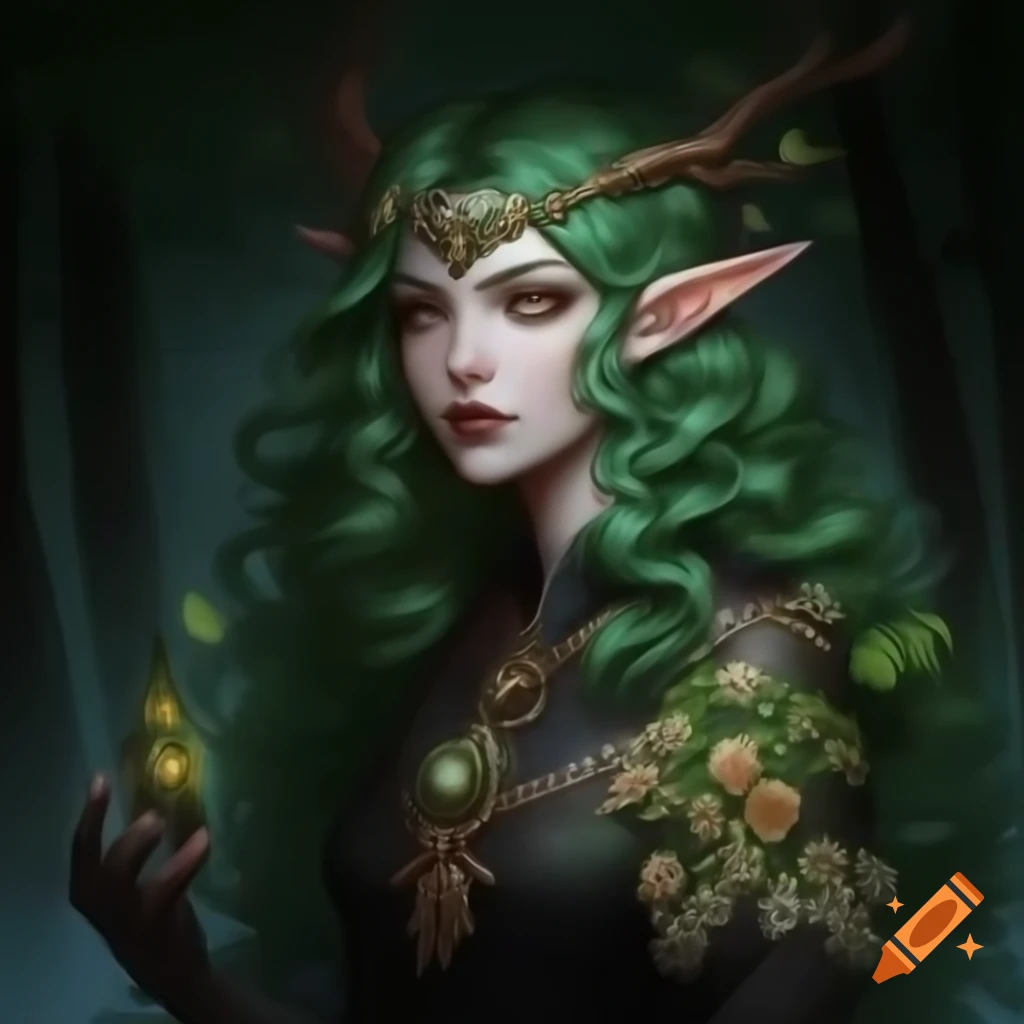 Highly detailed portrait of druid girl in black gown with flowers and ...