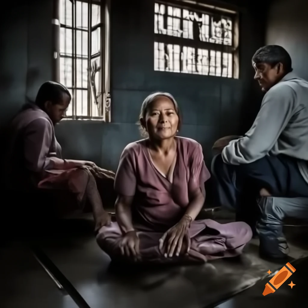 Nepali woman cleaning prison floor with traditional tools while men ...
