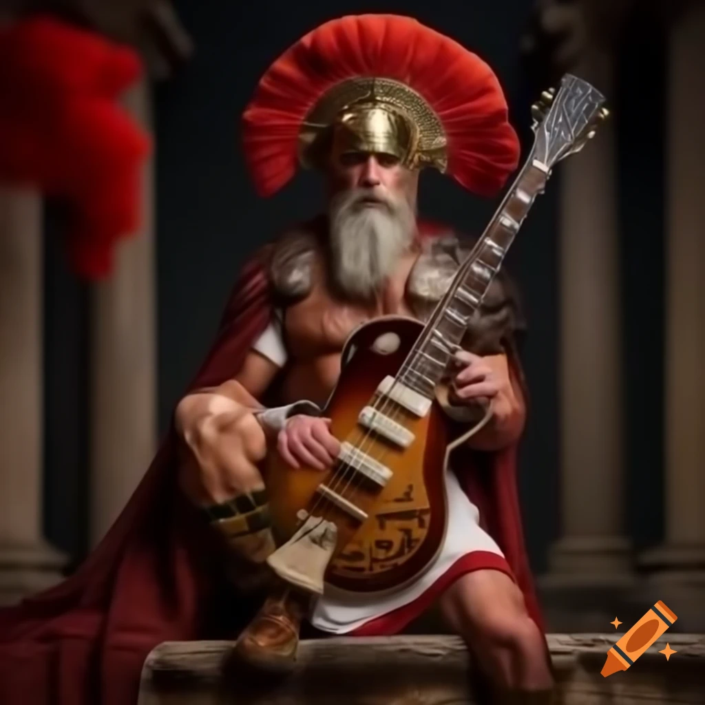 Muscular man in Roman gladiator outfit seated with electric guitar on ...