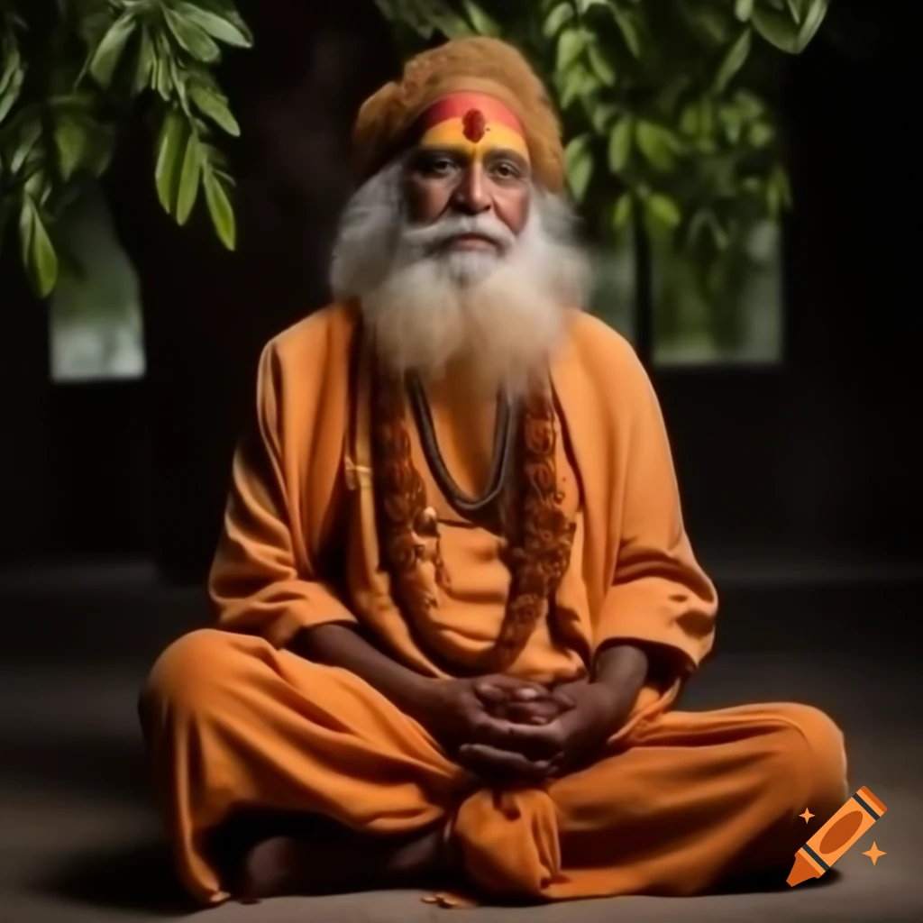 Sadhguru seated in serene ashram, wearing saffron robe on Craiyon