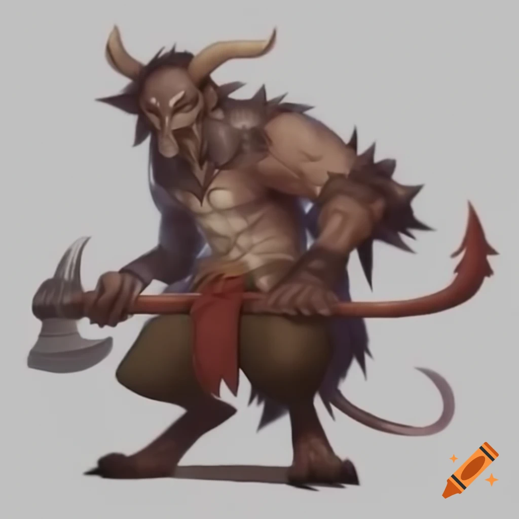 Anthropomorphic demon with cat face and many horns wielding axe on Craiyon