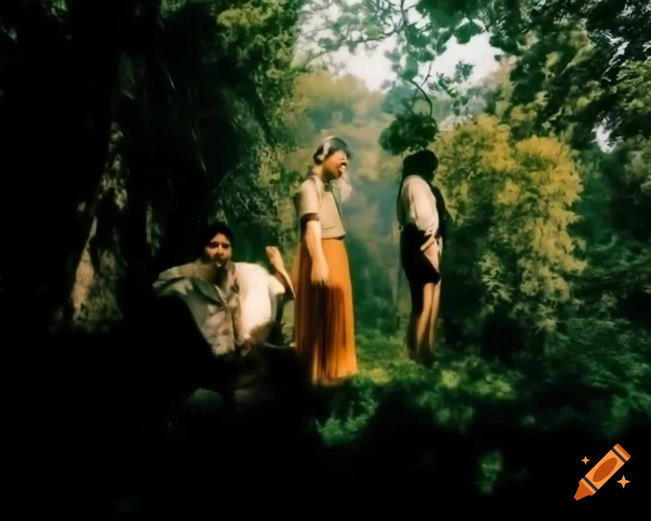 High contrast scene with actors in natural light surrounded by nature ...