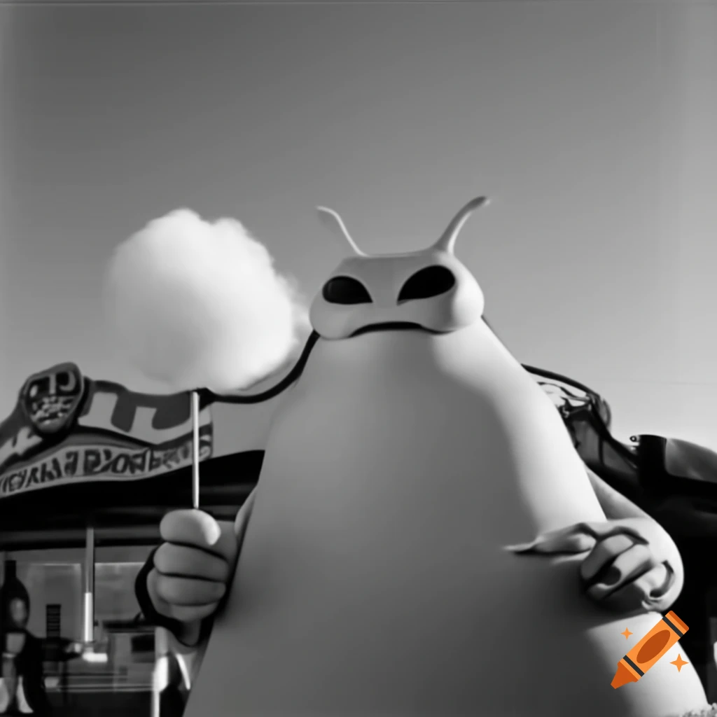 Chubby alien enjoying cotton candy at funfair near Lille, black and ...