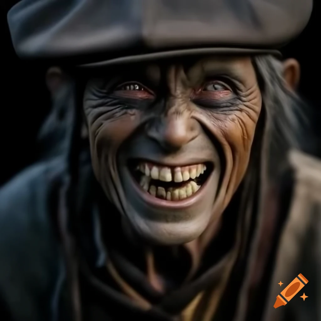Medieval peasant in grimy clothes grinning with yellow teeth on Craiyon
