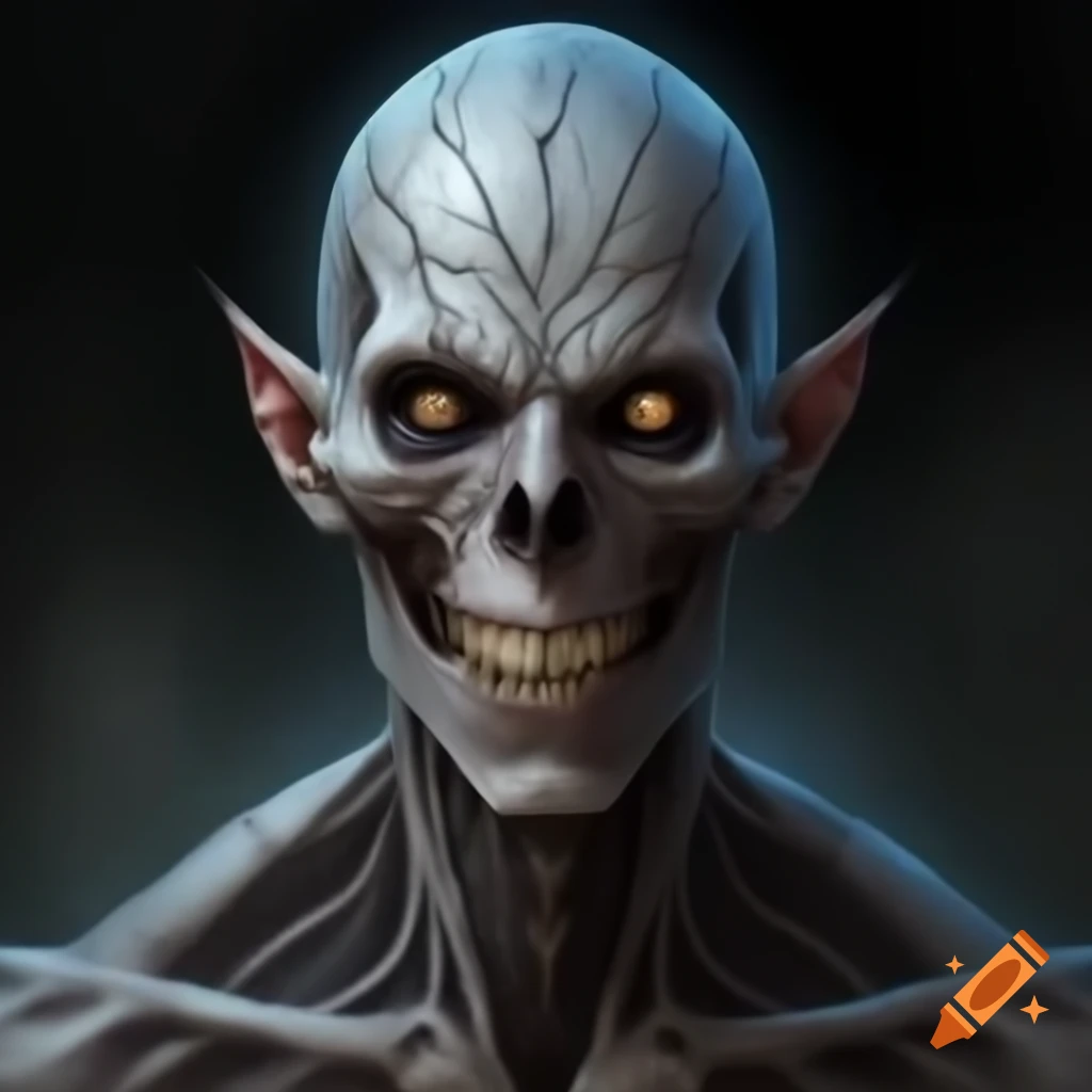 Eerie character with gray skin, black veins, and sharp teeth on Craiyon