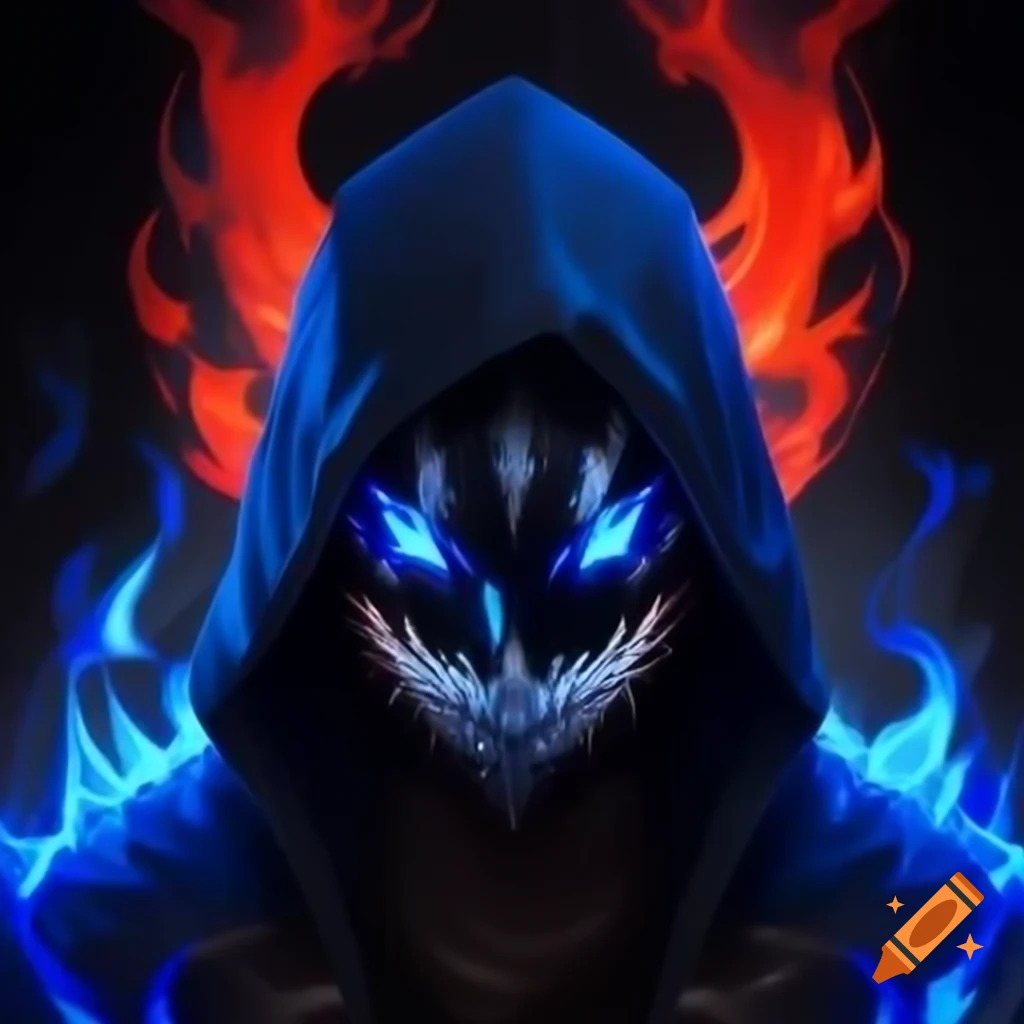 Masked man with blue and red flames and striking flame eyes, artistic ...