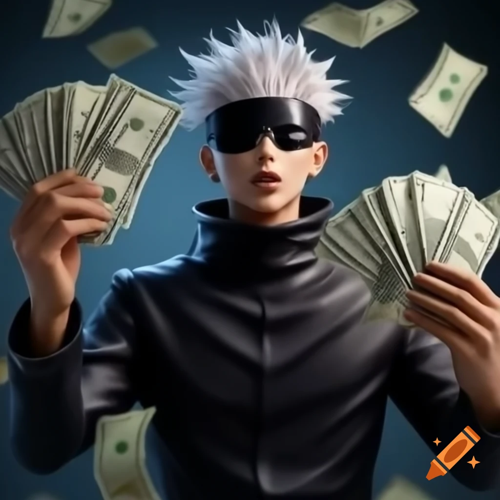 Hyper realistic portrayal of gojo satoru holding money on Craiyon