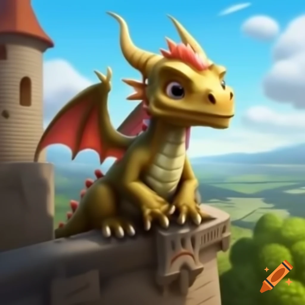 Whimsical dragon perched on Wawel Castle overlooking valley on Craiyon