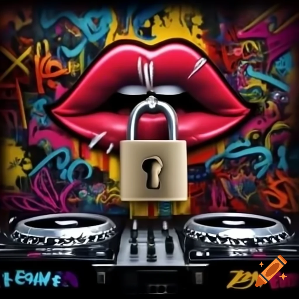 Graffiti of female dj with padlock lip piercing on Craiyon