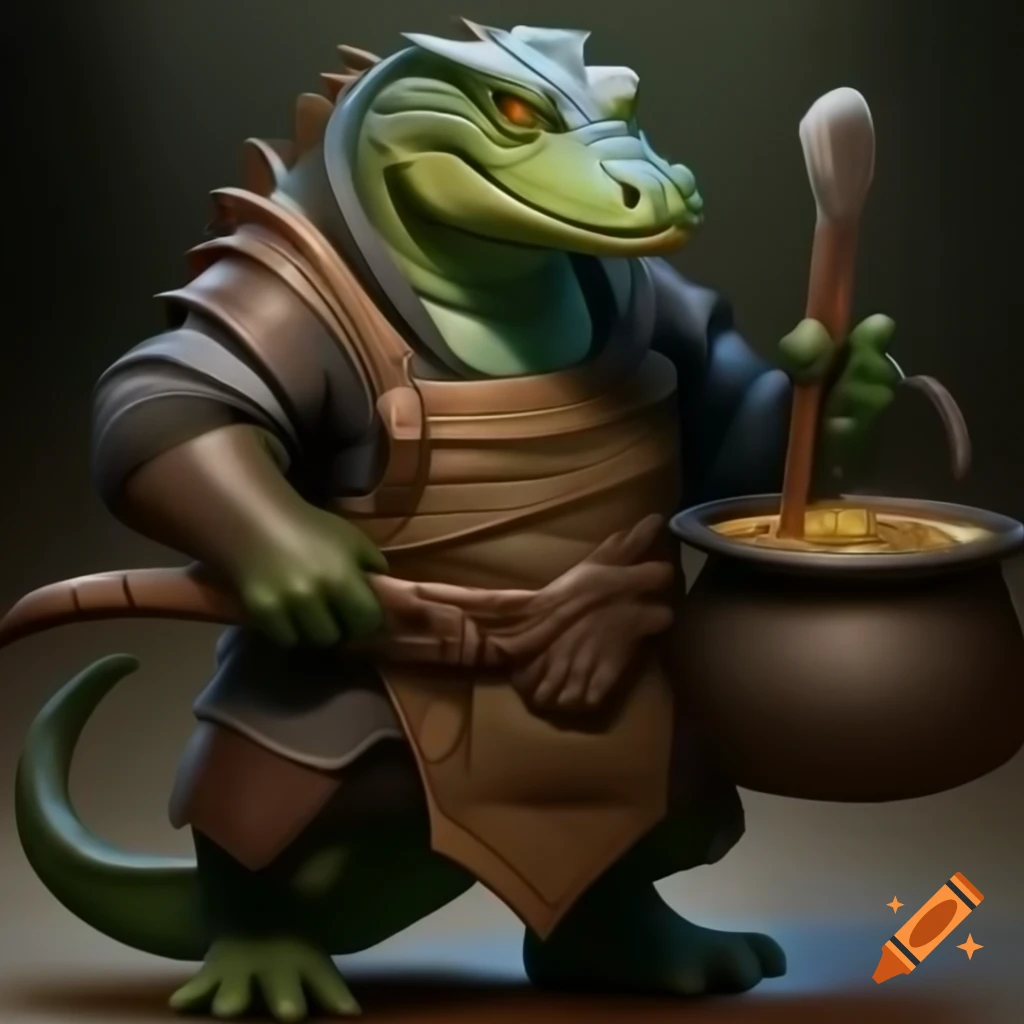 DnD character concept of a lizardman chef with alligator features and a ...