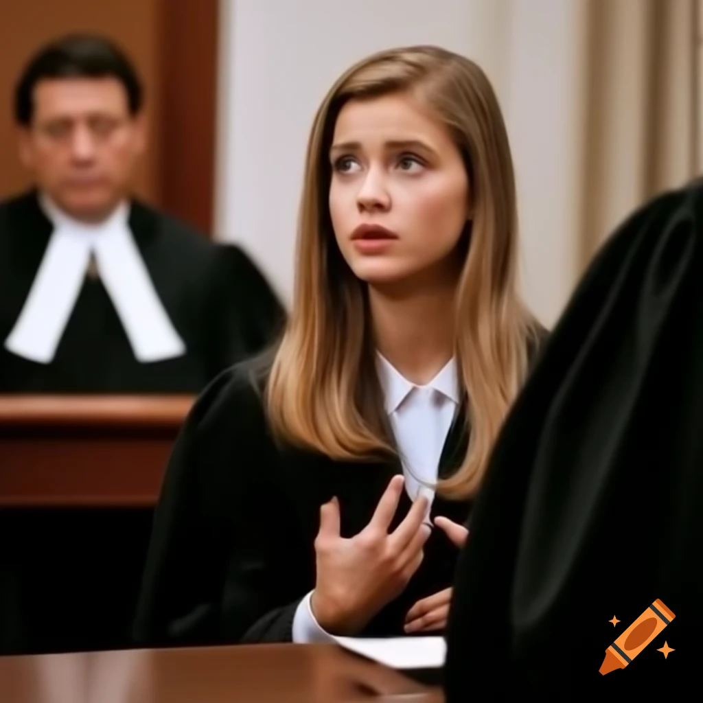 Confused young woman speaking to a judge in a courtroom on Craiyon