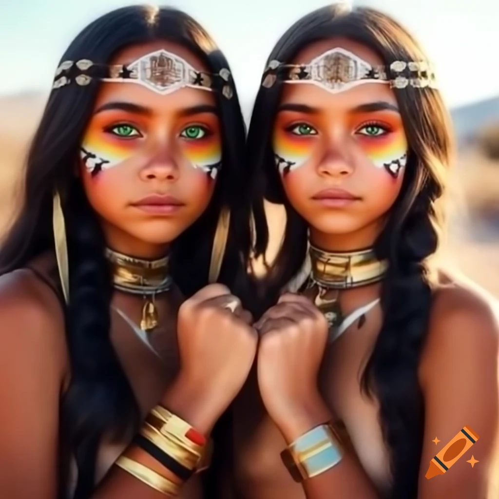 Twin native american goddesses with green eyes and feline-style makeup ...