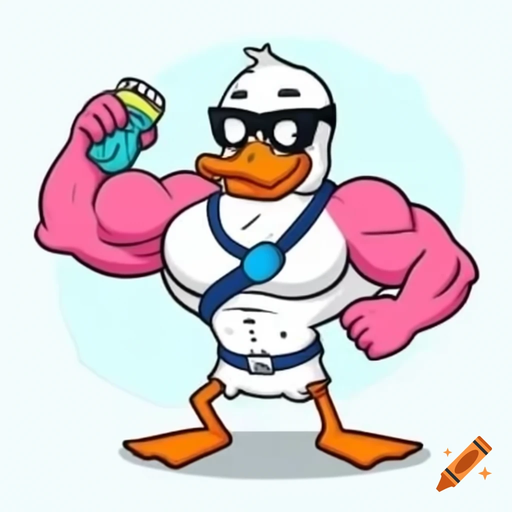 Cartoon duck flexing muscles while holding a juice bottle on Craiyon