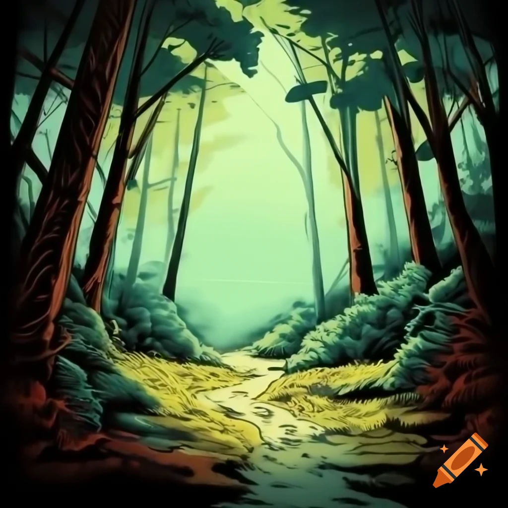 Highly detailed forest backdrop with dappled light and shading on Craiyon