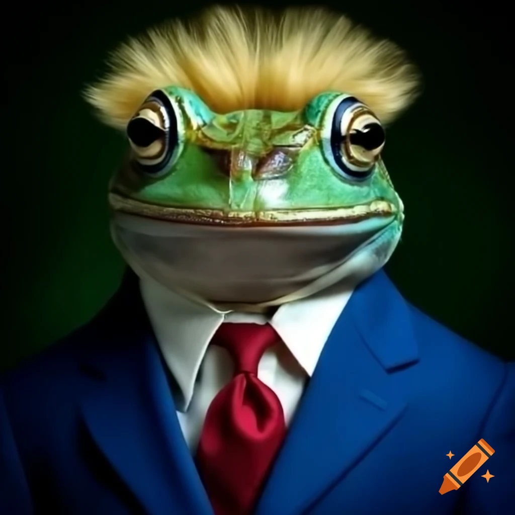 Frog in blue suit and red tie with blonde haircut on Craiyon