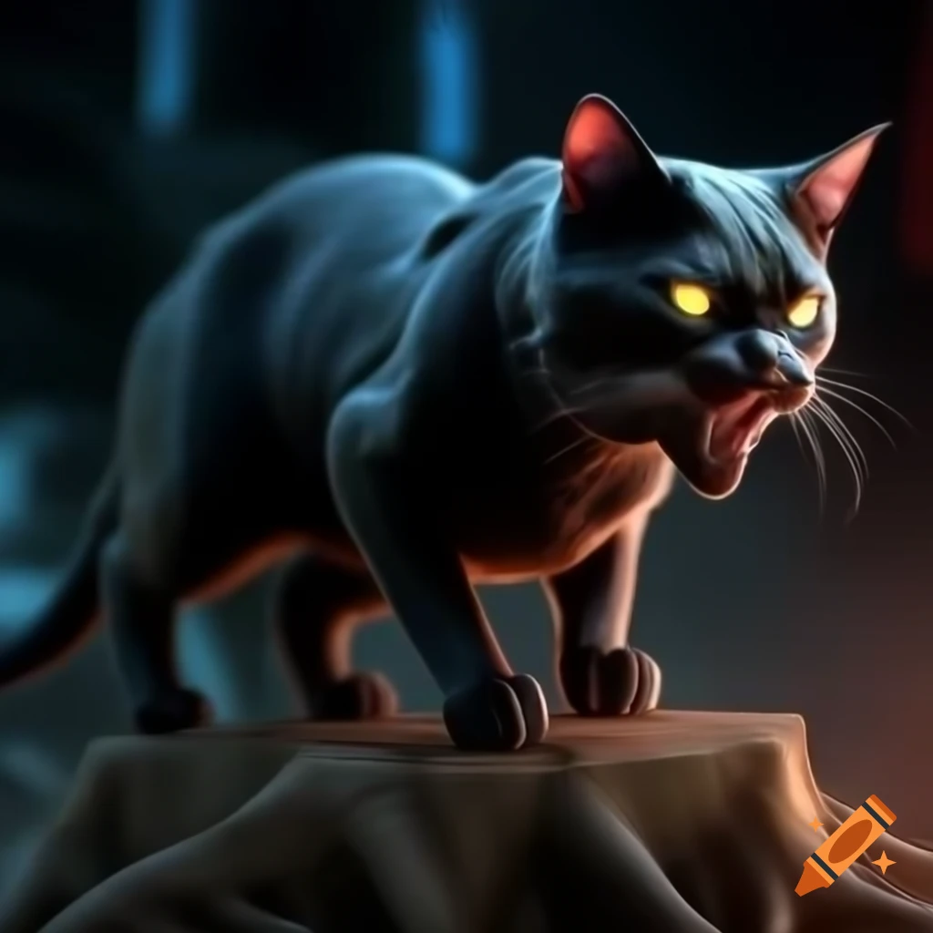 Black cat with yellow eyes on stump in menacing pose, fantasy horror ...