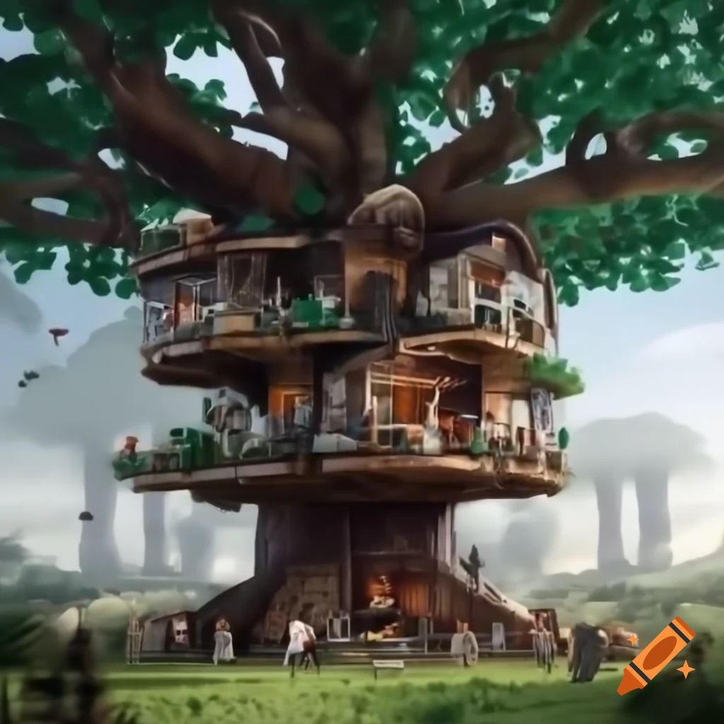 Human-sized lego tree house with open air rooms and people on Craiyon