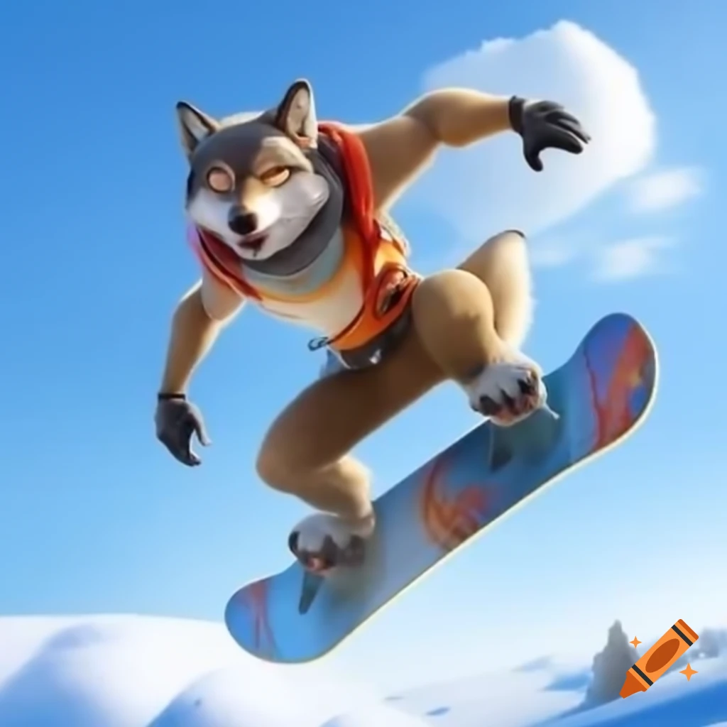 Wolf phoenix humanoid hybrid snowboarding mid-air after a jump on Craiyon