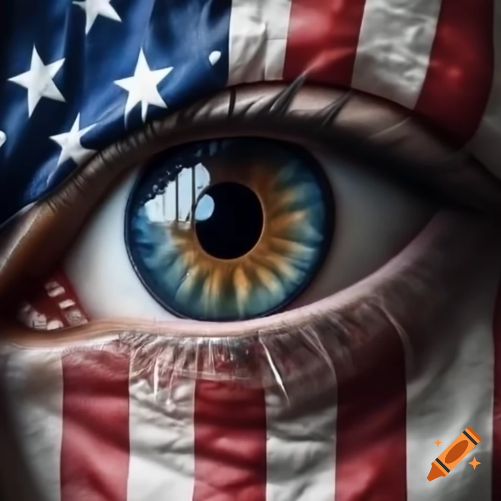 Close-up of a realistic eye colored with American flag design on Craiyon