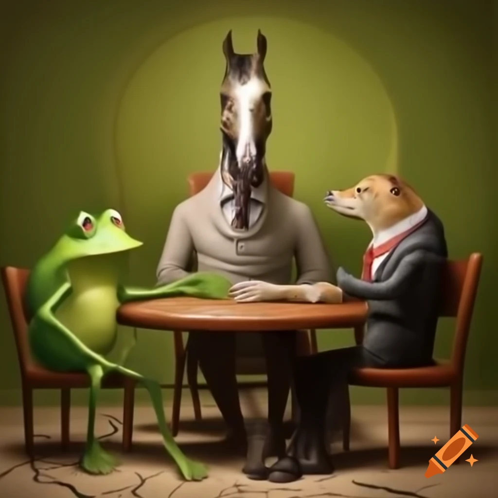 Dog, horse, and frog discussing around round table in whimsical setting ...