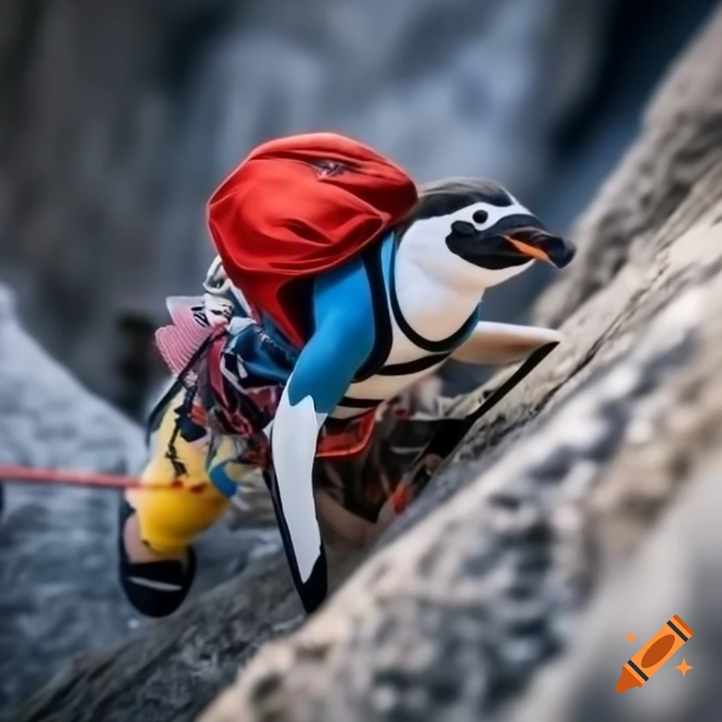Penguin in climbing gear ascending rocky mountain cliff, dynamic pose ...