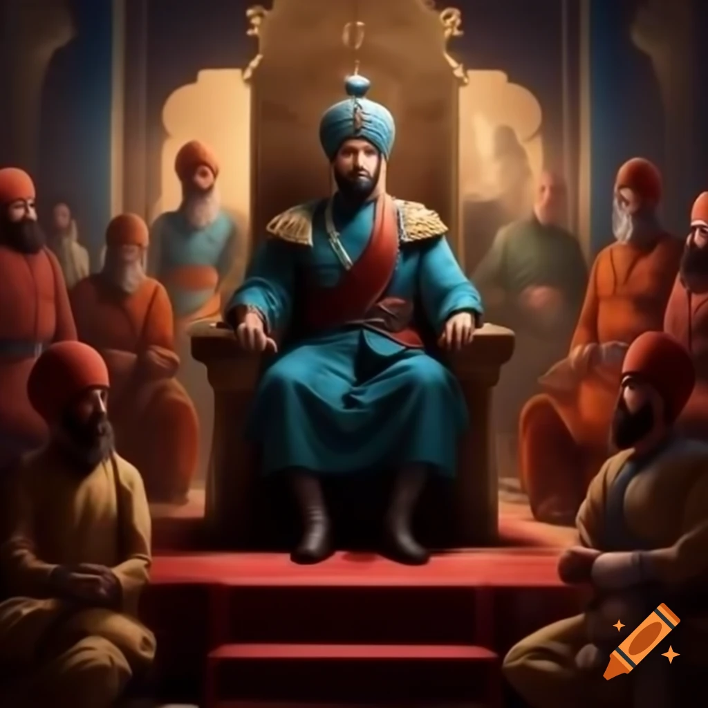 Emperor akbar on throne discussing with birbal in royal court on Craiyon