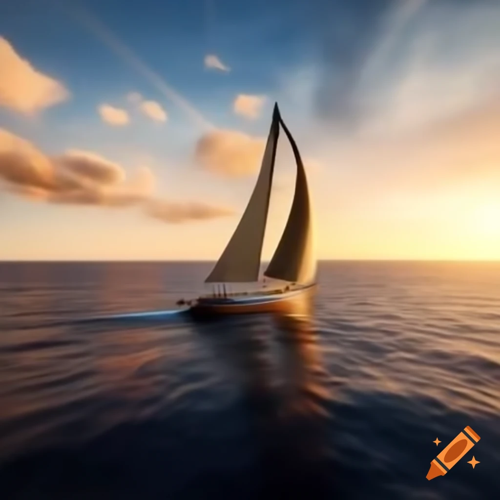Sail yacht sailing into sunset with clouds, captioned 'smooth sail into 2025' on Craiyon