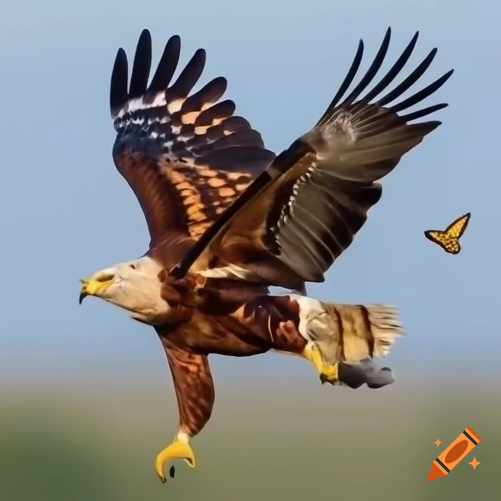 Brown eagle flying over Wichita mountains with monarch butterfly on its ...