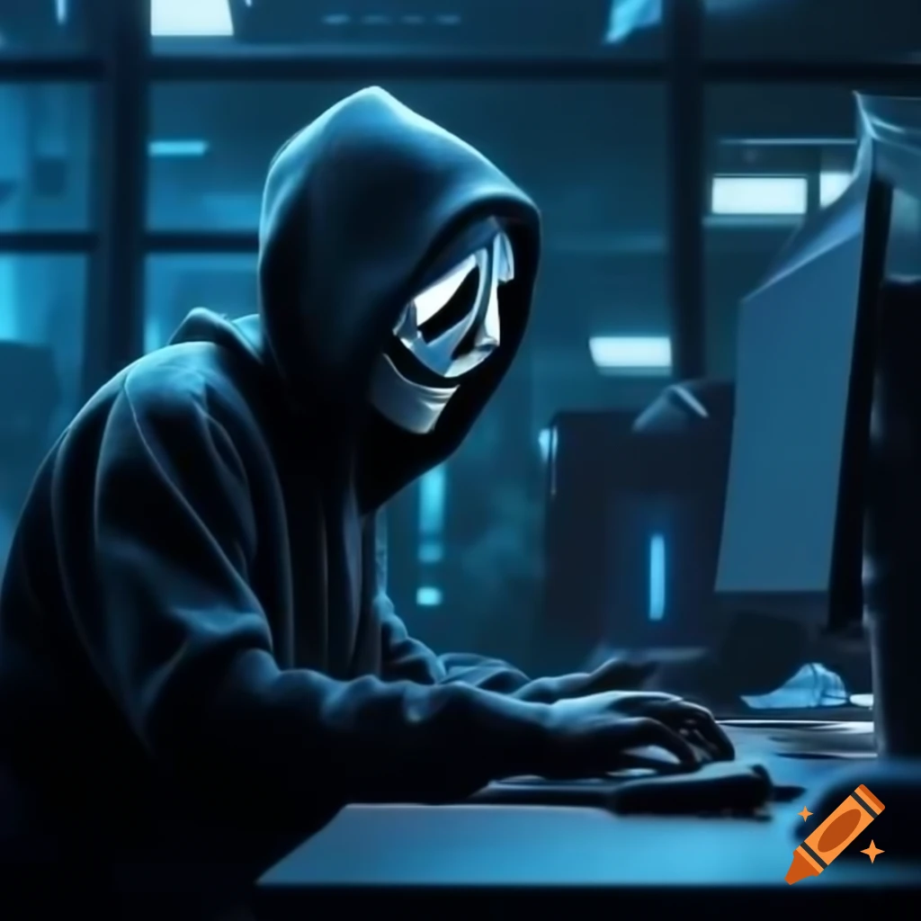 Ghost hacker focused on coding in modern workspace on Craiyon