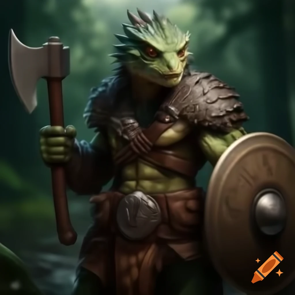 Lizard-man barbarian in fighting stance with axe and shield in dark ...