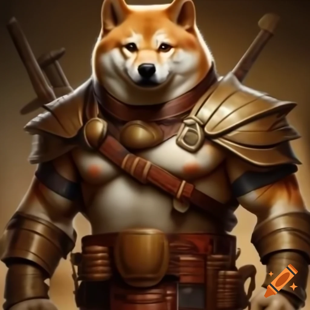 Anthropomorphic shiba wearing mixed leather and mail armor, wielding a ...