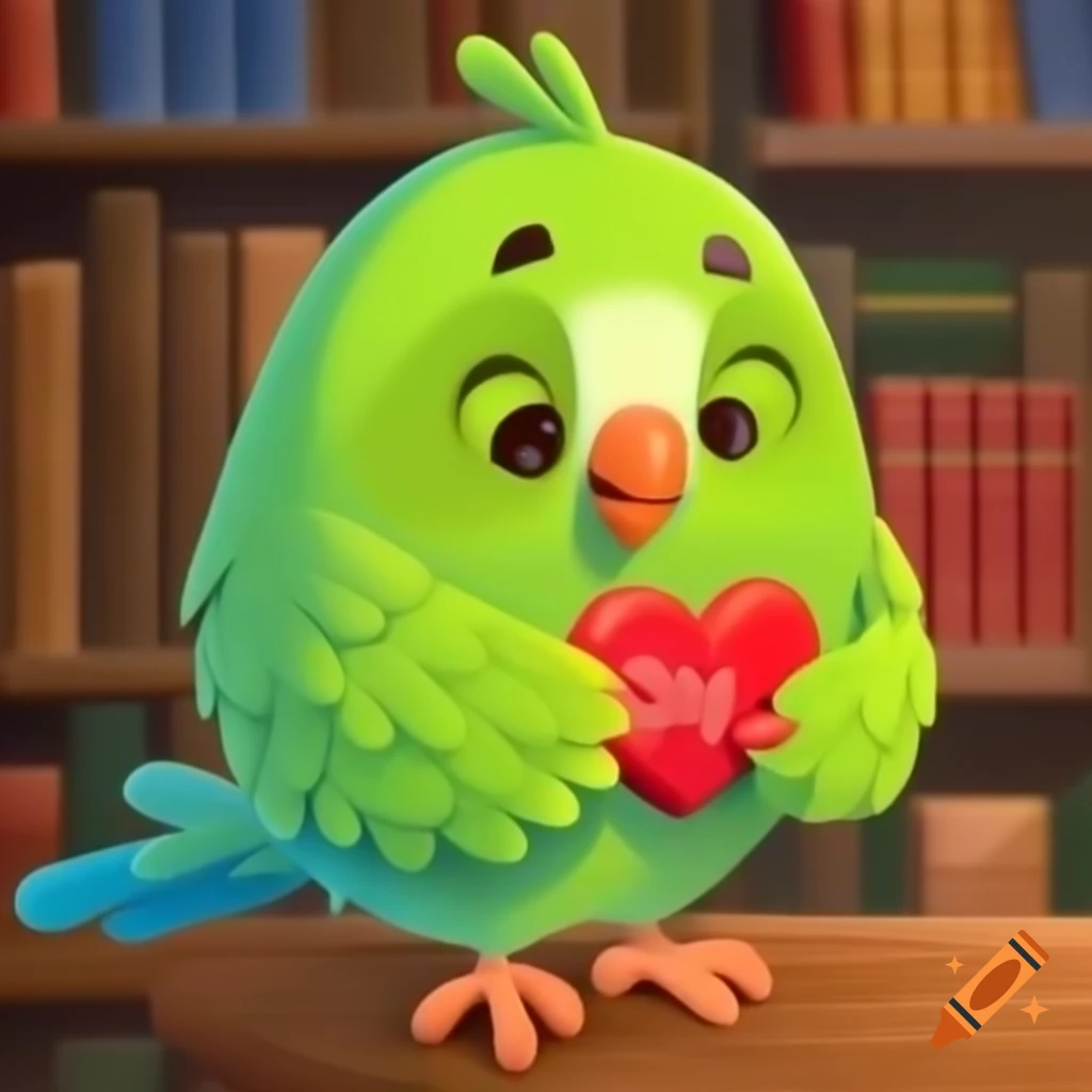 Cartoon green quaker parrot holding heart with rio in library for happy ...