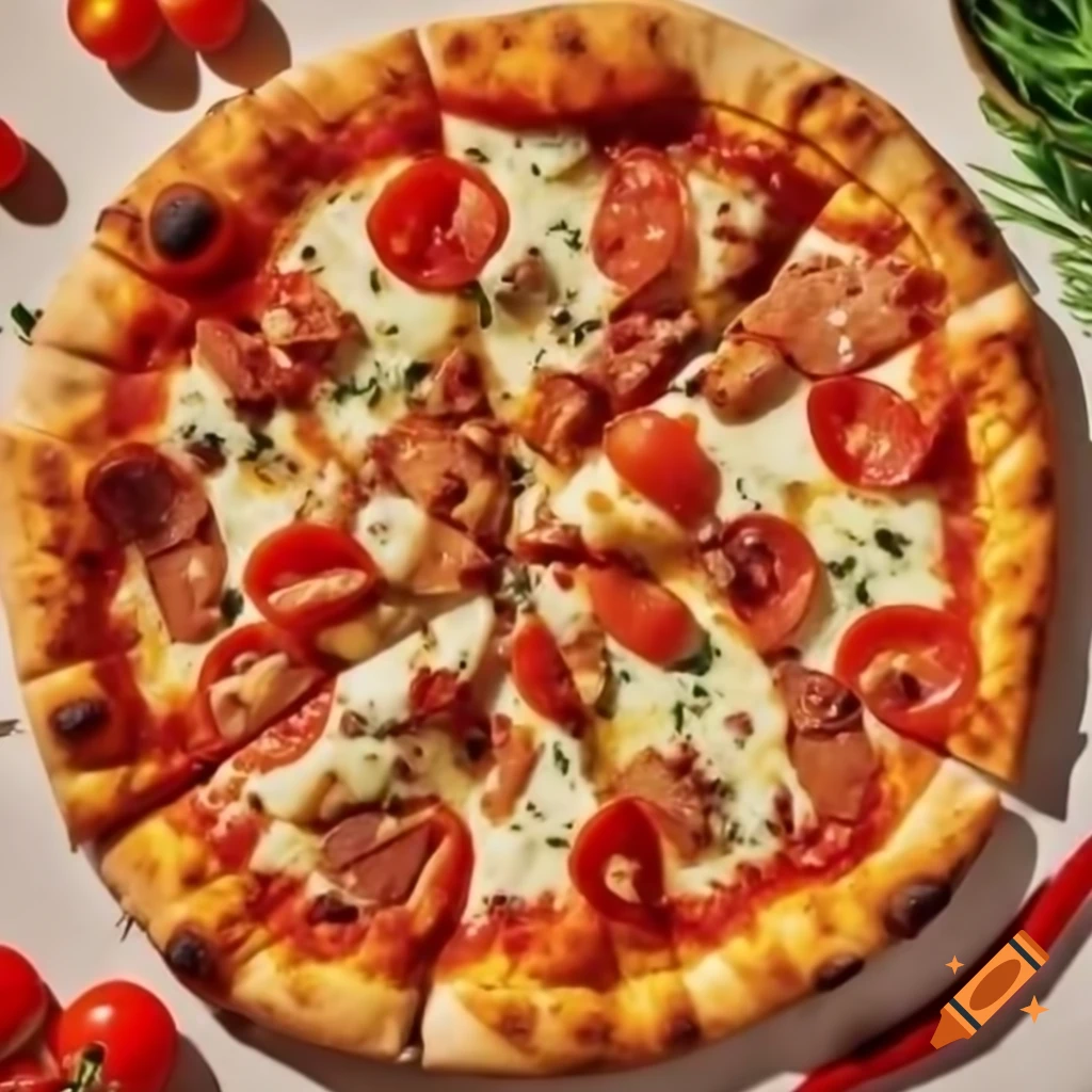 Delicious crispy pizza with cheese, tomatoes, herbs, and bacon on Craiyon